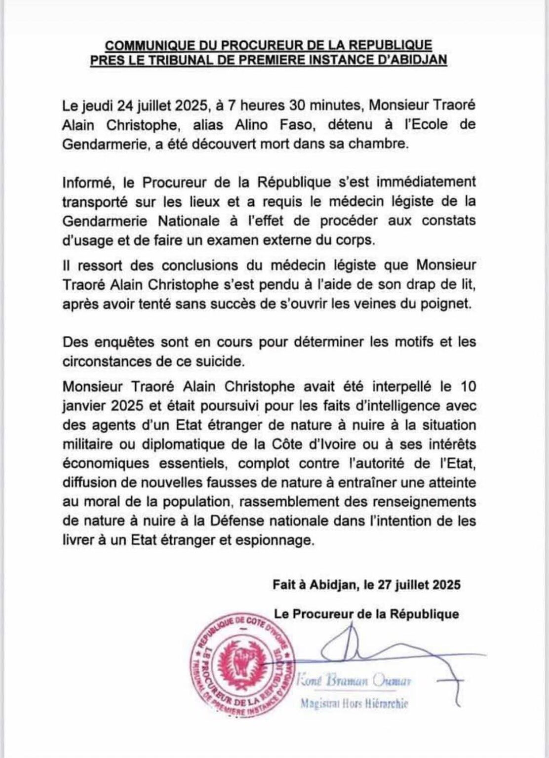 Arrêté en janvier à Abidjan, Alino Faso retrouvé mort dans sa cellule ...